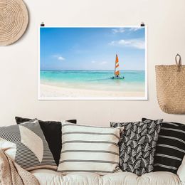 Bilderwelten Poster Strand t&uuml;rkis Tropisch matt gl&auml;nzend selbstklebend - Katamaran auf dem Indischen Ozean - Karibik Wohnzimmer Schlafzimmer