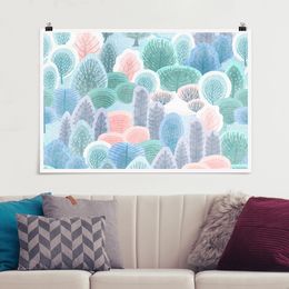 Bilderwelten Poster Wald pastell Tropisch matt gl&auml;nzend selbstklebend - Gl&uuml;cklicher Wald in Pastell - Pflanzen Kinderzimmer Baby M&auml;dchen Jungen