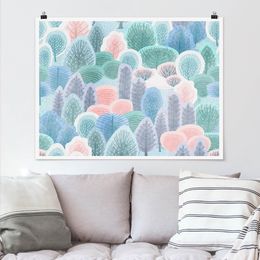 Bilderwelten Poster Wald pastell Tropisch matt gl&auml;nzend selbstklebend - Gl&uuml;cklicher Wald in Pastell - Pflanzen Kinderzimmer Baby M&auml;dchen Jungen