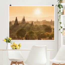 Bilderwelten Poster Natur orange Motiv matt gl&auml;nzend selbstklebend - Sonnenuntergang &uuml;ber Bagan - Asia Wohnzimmer Schlafzimmer