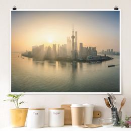 Bilderwelten Poster Stadt orange Motiv matt gl&auml;nzend selbstklebend - Pudong bei Sonnenaufgang - Architektur Wohnzimmer Schlafzimmer