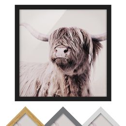 Bilderwelten Bild mit Rahmen Tiere beige Motiv inkl. Rahmung - Hochlandrind Frida in Beige - Deko Wohnzimmer Schlafzimmer