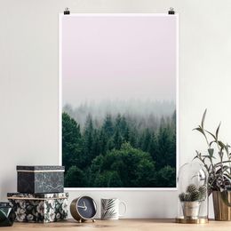 Bilderwelten Poster Wald gr&uuml;n Motiv matt gl&auml;nzend selbstklebend - Wald im Nebel D&auml;mmerung - B&auml;ume Wohnzimmer Schlafzimmer