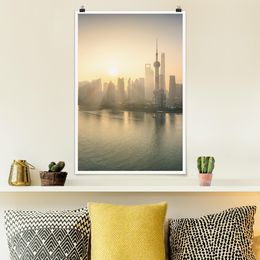 Bilderwelten Poster Stadt orange Motiv matt gl&auml;nzend selbstklebend - Pudong bei Sonnenaufgang - Architektur Wohnzimmer Schlafzimmer