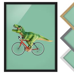 Bilderwelten Bild mit Rahmen Kinderzimmer Dinosaurier mit Fahrrad Poster FineArt Wandbilder Kunstdruck 4 Rahmen-Farben