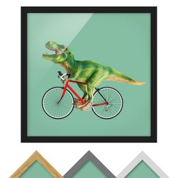 Bilderwelten Bild mit Rahmen Kinderzimmer Dinosaurier mit Fahrrad Poster FineArt Wandbilder Kunstdruck 4 Rahmen-Farben