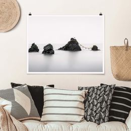 Bilderwelten Poster Natur schwarz weiss Motiv matt gl&auml;nzend selbstklebend - Meoto Iwa - die verheirateten Felsen - Asia Wohnzimmer Schlafzimmer