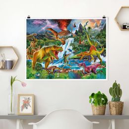 Bilderwelten Poster Tiere bunt Illustration matt gl&auml;nzend selbstklebend - Dinosaurier im Urzeitgewitter - Dinosaurier Kinderzimmer Baby M&auml;dchen Jungen