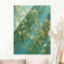 Bilderwelten Glasbild Blumen modern blau Glas Wandbild - Vincent van Gogh - Mandelbl&uuml;te - B&auml;ume Wohnzimmer Schlafzimmer