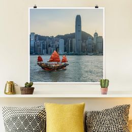 Bilderwelten Poster Natur rot Motiv matt gl&auml;nzend selbstklebend - Dschunke im Victoria Harbour - China Wohnzimmer Schlafzimmer