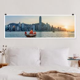 Bilderwelten Poster Natur rot Motiv matt gl&auml;nzend selbstklebend - Dschunke im Victoria Harbour - China Wohnzimmer Schlafzimmer
