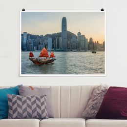 Bilderwelten Poster Natur rot Motiv matt gl&auml;nzend selbstklebend - Dschunke im Victoria Harbour - China Wohnzimmer Schlafzimmer
