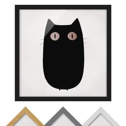 Bilderwelten Bild mit Rahmen Tiere schwarz weiss Illustration inkl. Rahmung - Schwarze Katze Illustration - Katze Wohnzimmer Schlafzimmer