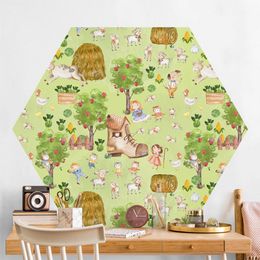 Bilderwelten Hexagon Tapete Tiere Illustration Aquarell gr&uuml;n - Bauernhof Illustration mit Schafen - Bauernhof Kinderzimmer Baby M&auml;dchen Jungen