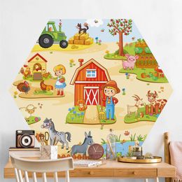 Bilderwelten Hexagon Tapete Tiere Illustration Wandtapete blau - Bauernhof - Landarbeit macht Spa&szlig; - Bauernhof Kinderzimmer Baby M&auml;dchen Jungen