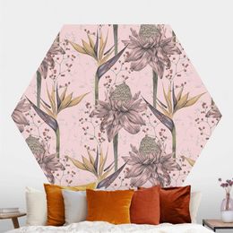 Bilderwelten Hexagon Tapete Vliestapete Vintage Wandtapete pastell - Florale Eleganz Vintage Strelitzie auf Rosa XXL - Retro Wohnzimmer Schlafzimmer