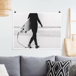 Bilderwelten Poster Strand schwarz weiss Motiv matt gl&auml;nzend selbstklebend - Leash dran - Los geht's - Landschaft Wohnzimmer Schlafzimmer