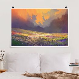 Bilderwelten Poster Blumen bunt Illustration matt glänzend selbstklebend - Gemalte Anime Landschaft - Blumenwiese Kinderzimmer Baby Mädchen Jungen