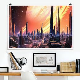 Poster Sci-Fi Gro&szlig;stadt mit Planet