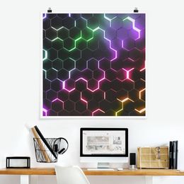 Bilderwelten Poster schwarz Neon Art matt gl&auml;nzend selbstklebend - Strukturierte Hexagone mit Neonlicht - Jugendzimmer
