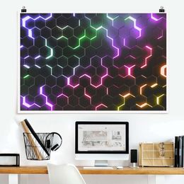 Bilderwelten Poster schwarz Neon Art matt gl&auml;nzend selbstklebend - Strukturierte Hexagone mit Neonlicht - Jugendzimmer