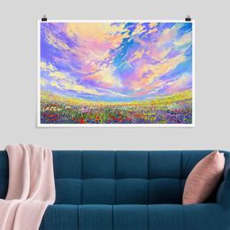 Bilderwelten Poster Blumen bunt Illustration matt glänzend selbstklebend - Gemalter Anime Himmel - Blumenwiese Kinderzimmer Baby Mädchen Jungen