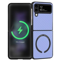 Wigento Handyhülle Für Samsung Galaxy Z Flip4 5G MagSafe Magnetic Kunststoff Kohlefaser Struktur Handy Tasche Hülle Etuis Lila