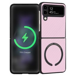 Wigento Handyhülle Für Samsung Galaxy Z Flip4 5G MagSafe Magnetic Kunststoff Kohlefaser Struktur Handy Tasche Hülle Etuis Pink