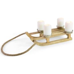 RIFFELMACHER & WEINBERGER Adventsleuchter Schlitten, Weihnachtsdeko, Deko-Schlitten, 4 Kerzenhaltern, vernickeltes Aluminium und Mangholz, beige|silberfarben