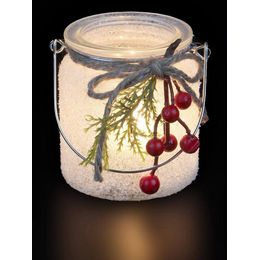 AMBIENTE HAUS Teelichthalter Xmas Glas mit Griff - Beeren, Weihnachtsdeko (1 St), weiß
