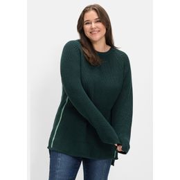 sheego Große Größen: Pullover mit seitlichen Kontrastreifen, tiefgrün, Gr.56/58