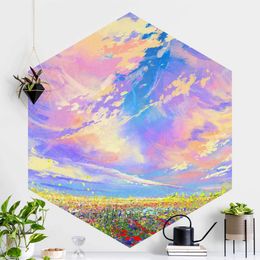 Bilderwelten Hexagon Tapete Blumen Illustration Wandtapete bunt - Gemalter Anime Himmel - Blumenwiese Jugendzimmer