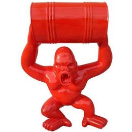 Casa Padrino Skulptur Designer Deko Skulptur Gorilla Affe mit Fass Rot H. 100 cm