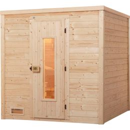 Weka Sauna Bergen, BxTxH: 195,5 x 195 x 205 cm, 45 mm, (Set) 7,5 kW Bio-Ofen mit digitaler Steuerung, beige