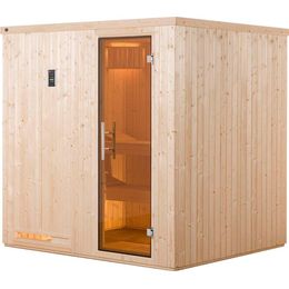 Weka Sauna Halmstad, BxTxH: 194 x 177 x 199 cm, 68 mm, (Set) 7,5 kW Bio-Ofen mit digitaler Steuerung, beige