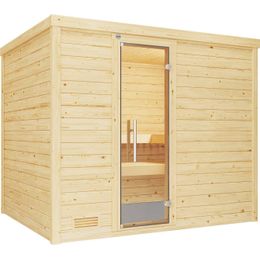 Weka Sauna Bergen, BxTxH: 245,5 x 195 x 205 cm, 45 mm, (Set) 7,5 kW-Ofen mit digitaler Steuerung, beige