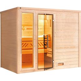 Weka Sauna Bergen, BxTxH: 245,5 x 195 x 205 cm, 45 mm, (Set) 7,5 kW-Ofen mit digitaler Steuerung, beige