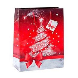 Geschenktasche Sigel Sparkling Tree, mit Kordeln & Geschenkanhänger, Papier, rot mit Weihnachtsbaum, groß, 5 Stück