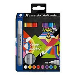 Kreidemarker Staedtler Lumocolor®, Rundspitze, Strichbreite 2,4 mm, für glatte Oberflächen, Flüssigkeit auf Wasserbasis, 8er-Set farbsoriert