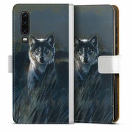 DeinDesign Handyhülle Wolf Natur Malerei Wolf 2, Huawei P30 Hülle Handy Flip Case Wallet Cover Handytasche Leder, weiß