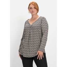 sheego Große Größen: Langarmshirt mit V-Ausschnitt und Kellerfalte, schwarz-weiß, Gr.44/46