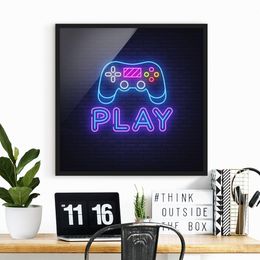 Bilderwelten Bild mit Rahmen blau Digital Art inkl. Rahmung - Neon Gaming Controller - Deko Jugendzimmer