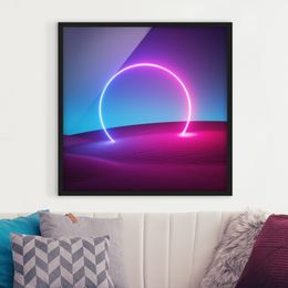 Bilderwelten Bild mit Rahmen pink Neon Art inkl. Rahmung - Neonlichtkreis im Sand - Deko Jugendzimmer
