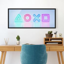 Bilderwelten Bild mit Rahmen bunt Neon Art inkl. Rahmung - Neon Dreieck Kreis X Quadrat - Deko Jugendzimmer