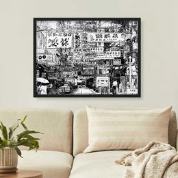 Bild mit Rahmen Schwarzwei&szlig;e Zeichnung Asiatische Stra&szlig;e