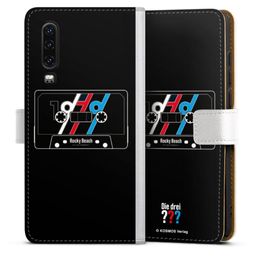 DeinDesign Handyhülle Die drei ??? Kassette Offizielles Lizenzprodukt, Huawei P30 Hülle Handy Flip Case Wallet Cover Handytasche Leder, weiß
