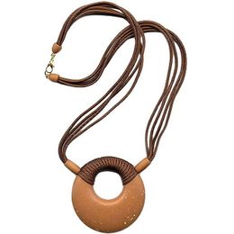 Gallay Kette mit Anhänger Kunststoff Scheibe Amulett karamel matt 4x Kordel braun 60cm (1-tlg)