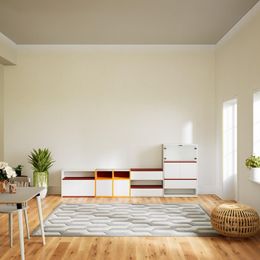 MYCS Vitrine Weiß - Moderne Glasvitrine: Schubladen in Weiß & Türen in Weiß - Hochwertige Materialien - 303 x 118 x 37 cm, konfigurierbar