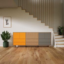 MYCS Kommode Eiche - Lowboard: Schubladen in Grau & Türen in Grau - Hochwertige Materialien - 226 x 91 x 34 cm, konfigurierbar