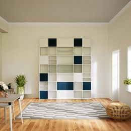 MYCS Vitrine Weiß - Moderne Glasvitrine: Schubladen in Blau & Türen in Blau - Hochwertige Materialien - 231 x 272 x 34 cm, konfigurierbar